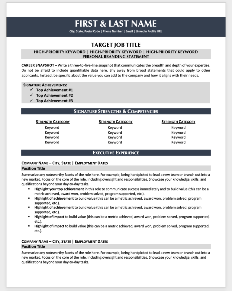 Resource: Free Executive Resume Template - Great Resumes Fast